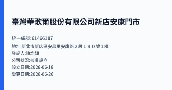臺灣華歌爾股份有限公司新店安康門市的照片-統編 61466187(新北市) 公司登記資料與營業項目詳細圖表