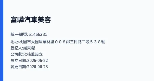 富驊汽車美容的照片-統編 61466335(桃園市) 公司登記資料與營業項目詳細圖表