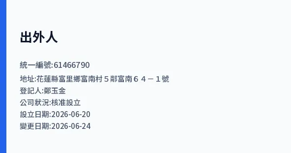 出外人的照片-統編 61466790(花蓮縣) 公司登記資料與營業項目詳細圖表