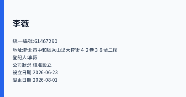 李薇的照片-統編 61467290(新北市) 公司登記資料與營業項目詳細圖表