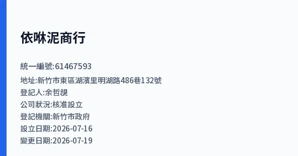 依咻泥商行的照片-統編 61467593(新竹市) 公司登記資料與營業項目詳細圖表
