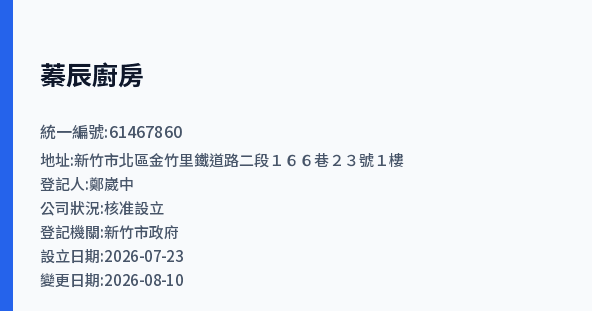 蓁辰廚房的照片-統編 61467860(新竹市) 公司登記資料與營業項目詳細圖表