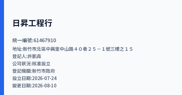 日昇工程行的照片-統編 61467910(新竹市) 公司登記資料與營業項目詳細圖表