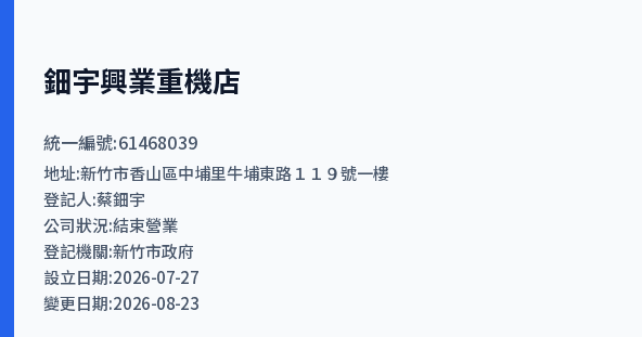 鈿宇興業重機店的照片-統編 61468039(新竹市) 公司登記資料與營業項目詳細圖表