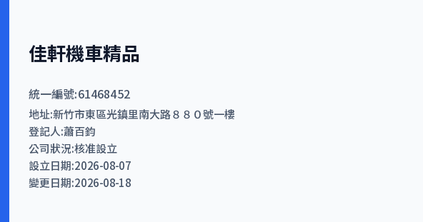 佳軒機車精品的照片-統編 61468452(新竹市) 公司登記資料與營業項目詳細圖表