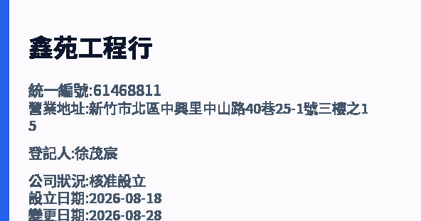 鑫苑工程行的照片-統編 61468811(新竹市) 公司登記資料與營業項目詳細圖表