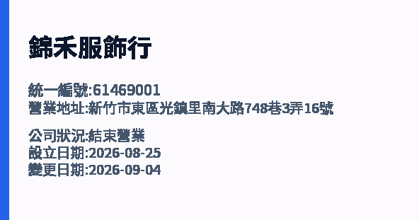 錦禾服飾行的照片-統編 61469001(新竹市) 公司登記資料與營業項目詳細圖表