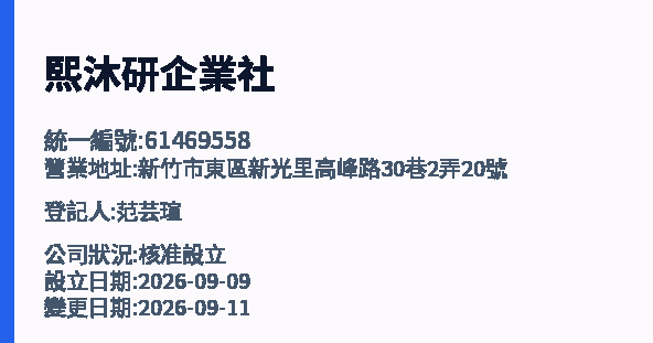熙沐研企業社的照片-統編 61469558(新竹市) 公司登記資料與營業項目詳細圖表