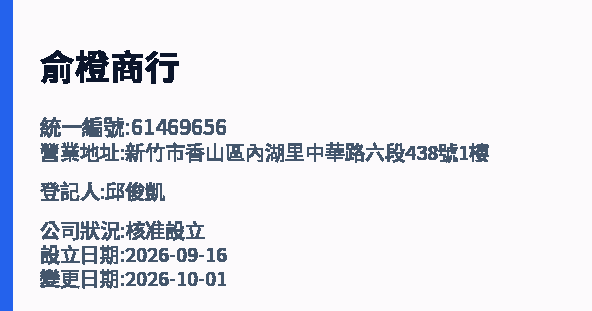 俞橙商行的照片-統編 61469656(新竹市) 公司登記資料與營業項目詳細圖表