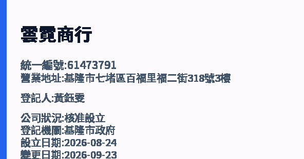 雲霓商行的照片-統編 61473791(基隆市) 公司登記資料與營業項目詳細圖表
