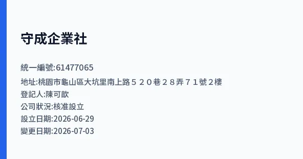 守成企業社的照片-統編 61477065(桃園市) 公司登記資料與營業項目詳細圖表