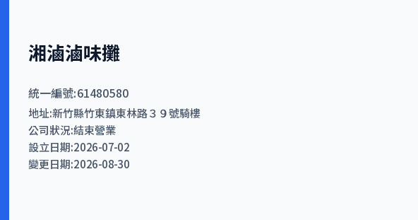 湘滷滷味攤的照片-統編 61480580 公司登記資料與營業項目詳細圖表