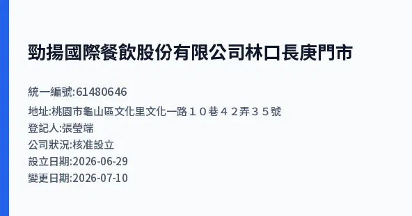 勁揚國際餐飲股份有限公司林口長庚門市的照片-統編 61480646(桃園市) 公司登記資料與營業項目詳細圖表