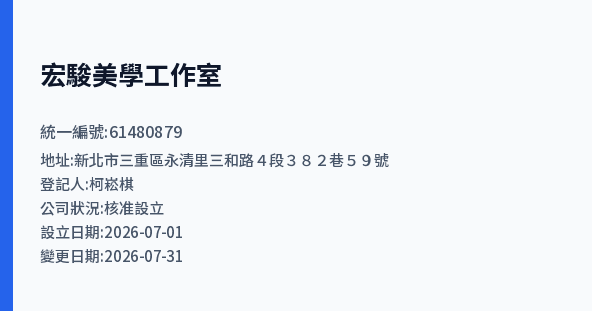 宏駿美學工作室的照片-統編 61480879(新北市) 公司登記資料與營業項目詳細圖表