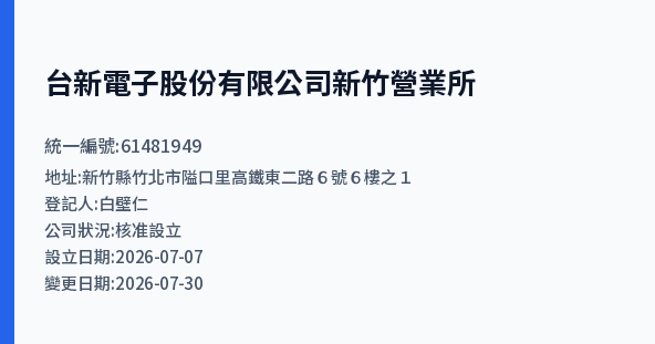 台新電子股份有限公司新竹營業所的照片-統編 61481949(新竹縣) 公司登記資料與營業項目詳細圖表