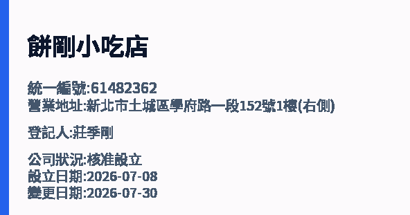 餅剛小吃店的照片-統編 61482362(新北市) 公司登記資料與營業項目詳細圖表