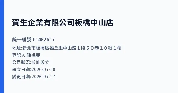賀生企業有限公司板橋中山店的照片-統編 61482617(新北市) 公司登記資料與營業項目詳細圖表