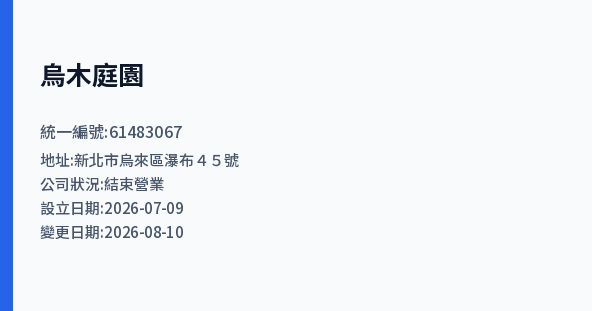烏木庭園的照片-統編 61483067(新北市) 公司登記資料與營業項目詳細圖表