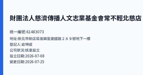 財團法人慈濟傳播人文志業基金會常不輕北慈店的照片-統編 61483073(新北市) 公司登記資料與營業項目詳細圖表