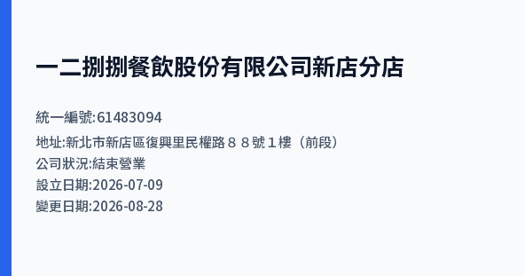 一二捌捌餐飲股份有限公司新店分店的照片-統編 61483094 公司登記資料與營業項目詳細圖表