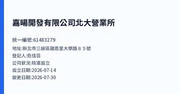 嘉暘開發有限公司北大營業所的照片-統編 61483279(新北市) 公司登記資料與營業項目詳細圖表