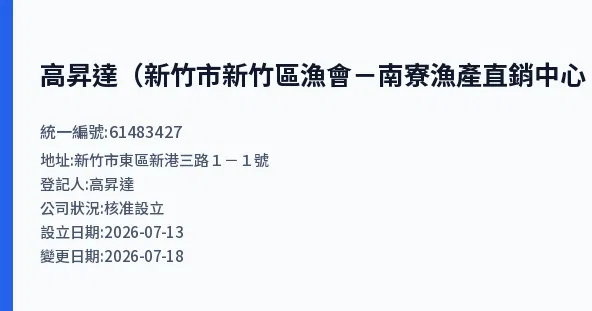 高昇達(新竹市新竹區漁會-南寮漁產直銷中心B14號)的照片-統編 61483427(新竹市) 公司登記資料與營業項目詳細圖表