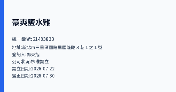 豪爽鹽水雞的照片-統編 61483833(新北市) 公司登記資料與營業項目詳細圖表