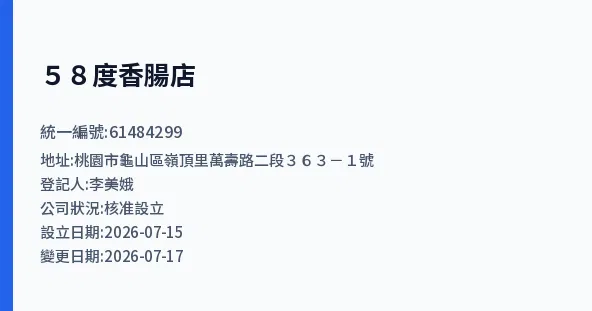 58度香腸店的照片-統編 61484299(桃園市) 公司登記資料與營業項目詳細圖表