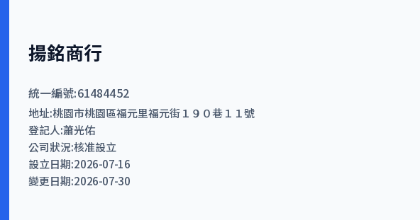 揚銘商行的照片-統編 61484452(桃園市) 公司登記資料與營業項目詳細圖表