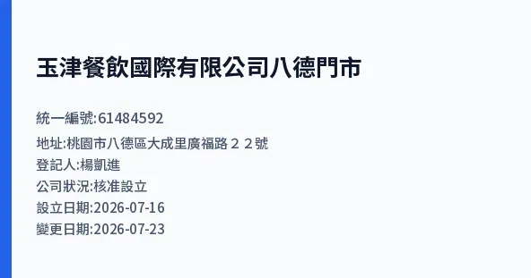 玉津餐飲國際有限公司八德門市的照片-統編 61484592(桃園市) 公司登記資料與營業項目詳細圖表