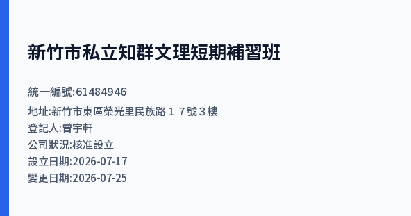 新竹市私立知群文理短期補習班的照片-統編 61484946(新竹市) 公司登記資料與營業項目詳細圖表