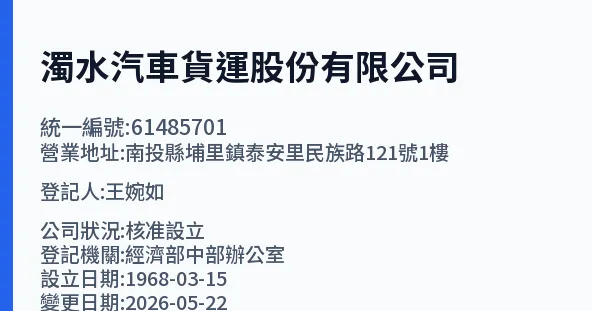 濁水汽車貨運股份有限公司的照片-統編 61485701(南投縣) 公司登記資料與營業項目詳細圖表