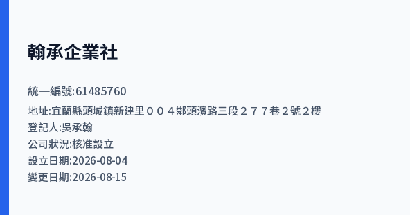 翰承企業社的照片-統編 61485760(宜蘭縣) 公司登記資料與營業項目詳細圖表