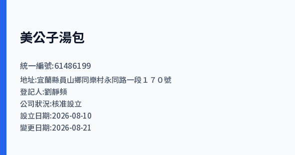 美公子湯包的照片-統編 61486199(宜蘭縣) 公司登記資料與營業項目詳細圖表