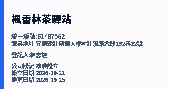 楓香林茶驛站的照片-統編 61487562(宜蘭縣) 公司登記資料與營業項目詳細圖表