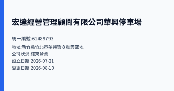 宏達經營管理顧問有限公司華興停車場的照片-統編 61489793(新竹縣) 公司登記資料與營業項目詳細圖表