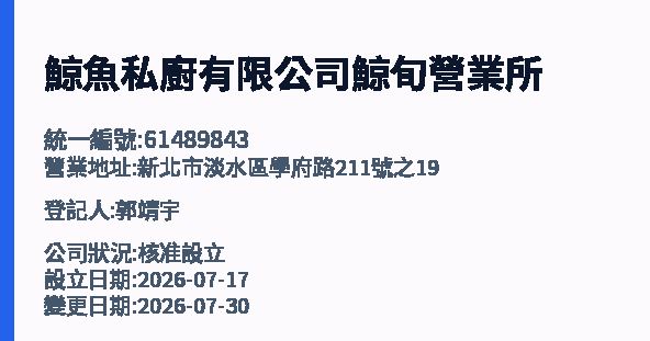 鯨魚私廚有限公司鯨旬營業所的照片-統編 61489843(新北市) 公司登記資料與營業項目詳細圖表
