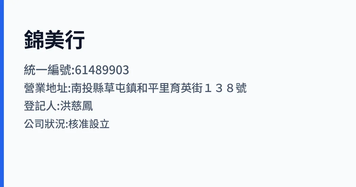 錦美行 - 統編 61489903(南投縣) 公司登記資料與營業項目詳細圖表