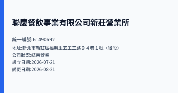 聯慶餐飲事業有限公司新莊營業所的照片-統編 61490692(新北市) 公司登記資料與營業項目詳細圖表