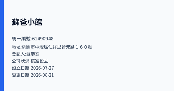 蘇爸小館的照片-統編 61490948(桃園市) 公司登記資料與營業項目詳細圖表