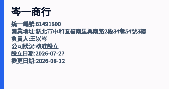 岑一商行的照片-統編 61491600(新北市) 公司登記資料與營業項目詳細圖表