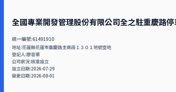 全國專業開發管理股份有限公司全之駐重慶路停車場的照片-統編 61491910(花蓮縣) 公司登記資料與營業項目詳細圖表