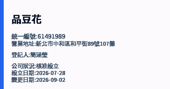 品豆花的照片-統編 61491989(新北市) 公司登記資料與營業項目詳細圖表
