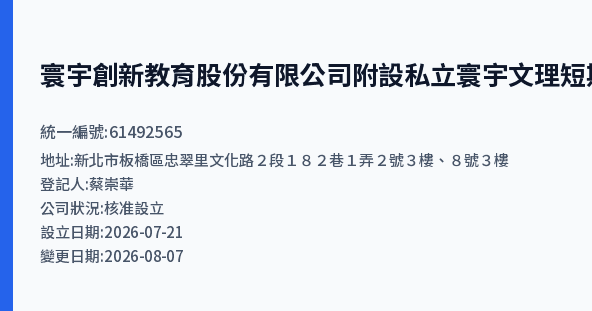 寰宇創新教育股份有限公司附設私立寰宇文理短期補習班的照片-統編 61492565(新北市) 公司登記資料與營業項目詳細圖表