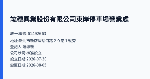 竑穗興業股份有限公司東岸停車場營業處的照片-統編 61492663(新北市) 公司登記資料與營業項目詳細圖表