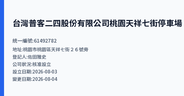 台灣普客二四股份有限公司桃園天祥七街停車場的照片-統編 61492782(桃園市) 公司登記資料與營業項目詳細圖表