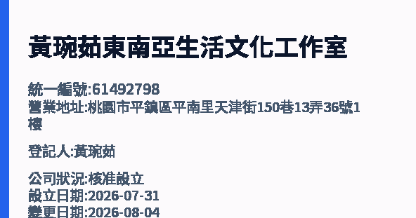 黃琬茹東南亞生活文化工作室的照片-統編 61492798(桃園市) 公司登記資料與營業項目詳細圖表