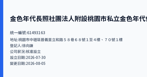 金色年代長照社團法人附設桃園市私立金色年代住宿長照機構的照片-統編 61493163(桃園市) 公司登記資料與營業項目詳細圖表