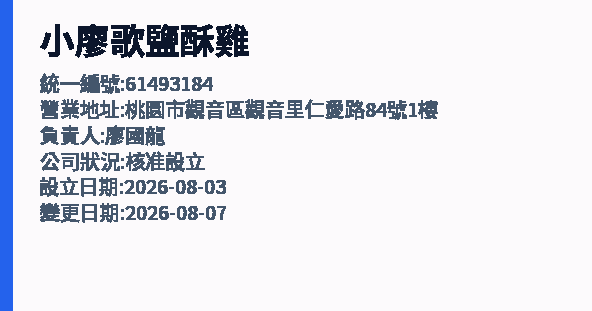 小廖歌鹽酥雞的照片-統編 61493184(桃園市) 公司登記資料與營業項目詳細圖表