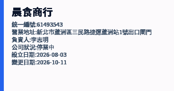 晨食商行的照片-統編 61493543(新北市) 公司登記資料與營業項目詳細圖表